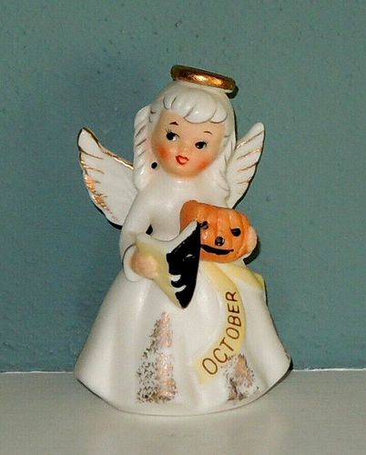 Vtg Halloween October Angel Holding Mask & Pumpkin JOL Figurine Napco ...