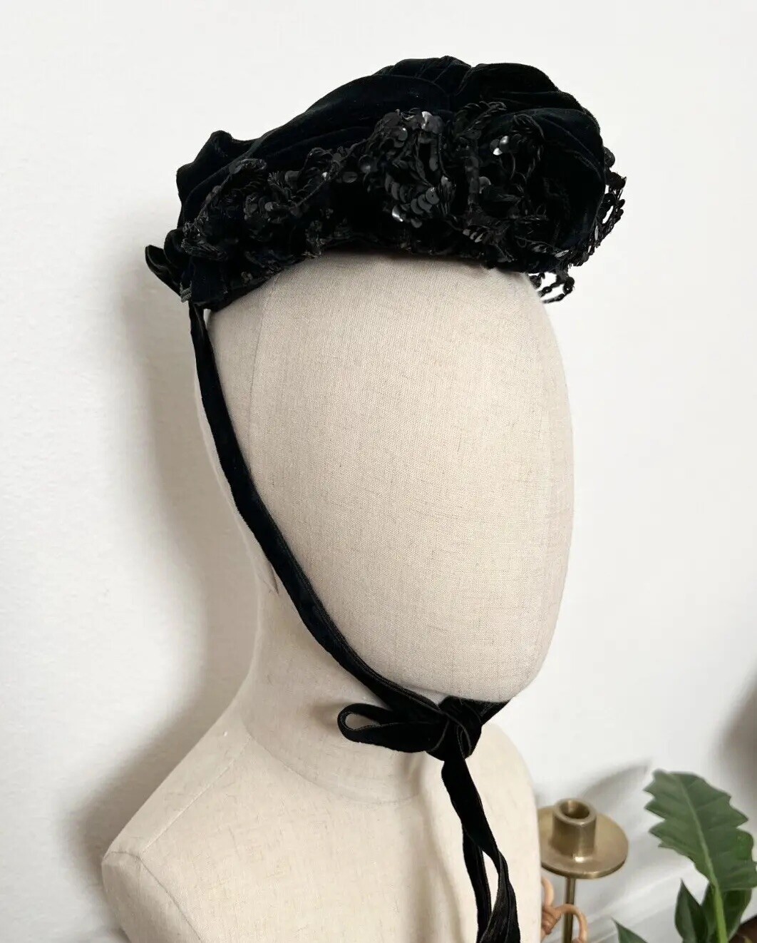 Antique 1800s Victorian Black Velvet Bonnet with Sequ… - Gem