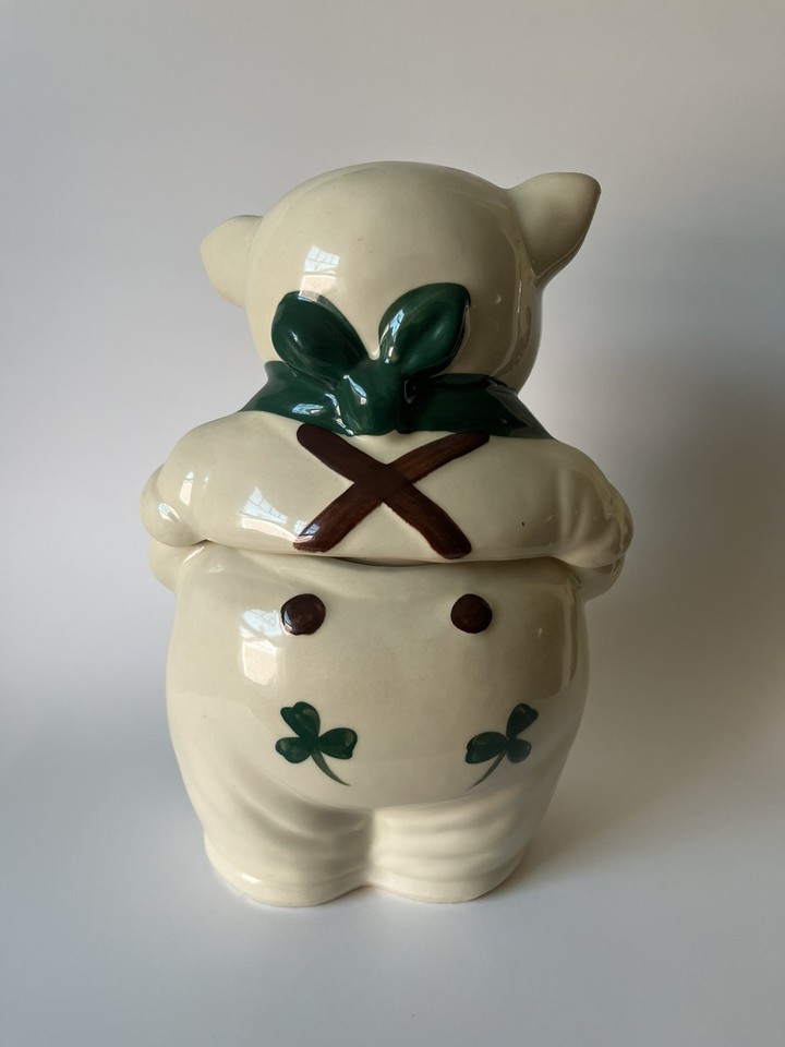 Vintage Shawnee Smiley Pig Cookie Jar Shamrock Green Clover USA Pottery ...