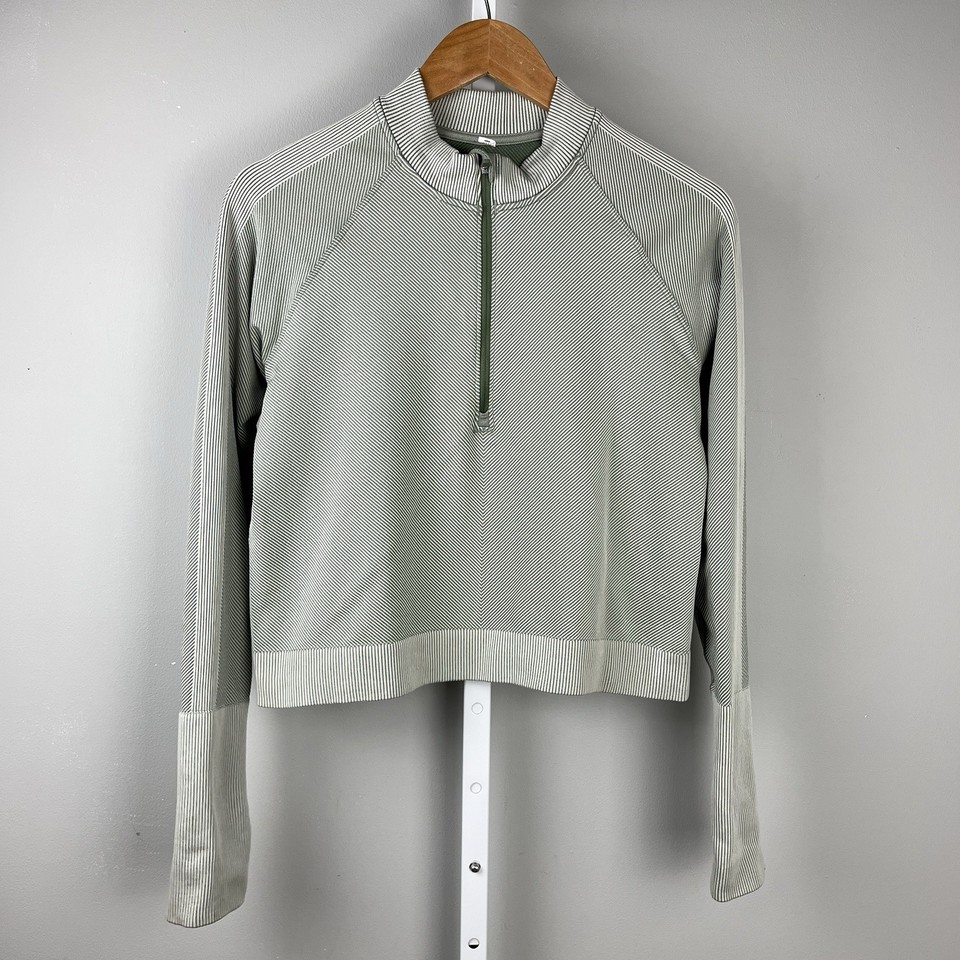 Lululemon Rest Less Cropped Half Zip Pullover Top Womens Green Ribbed ...