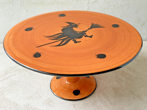 Laurie Gates Ware Cake Stand Halloween Flying Witch Broom Orange ...
