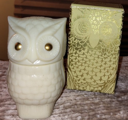 Milk Glass Owl figurine jar Bottle White Avon collectible w gold ...