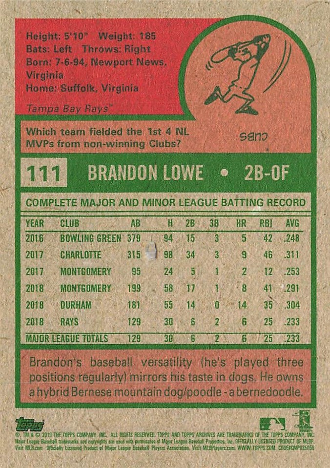 2019 Topps Archives #111 Brandon Lowe Tampa Bay Rays | eBay