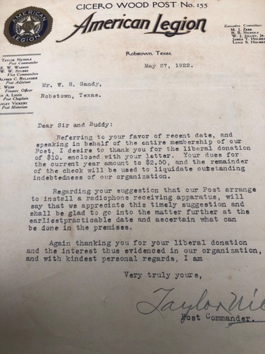 Vtg 1922 American Legion #155 Letterhead signed by Taylor Nichols Post ...