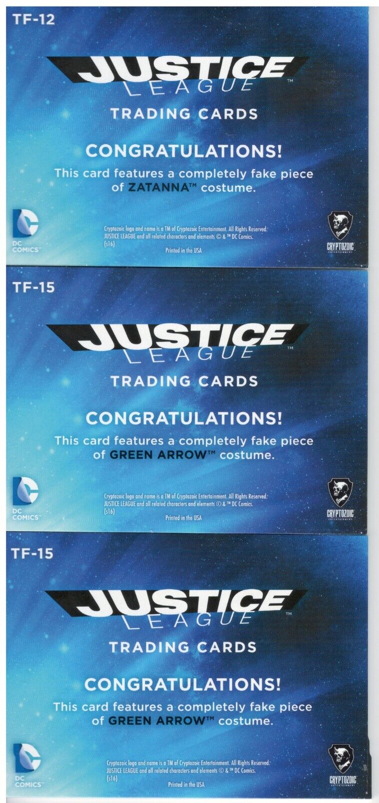 DC JLA Justice League Totally Fabricated Cards; TF-12, TF-15 ...