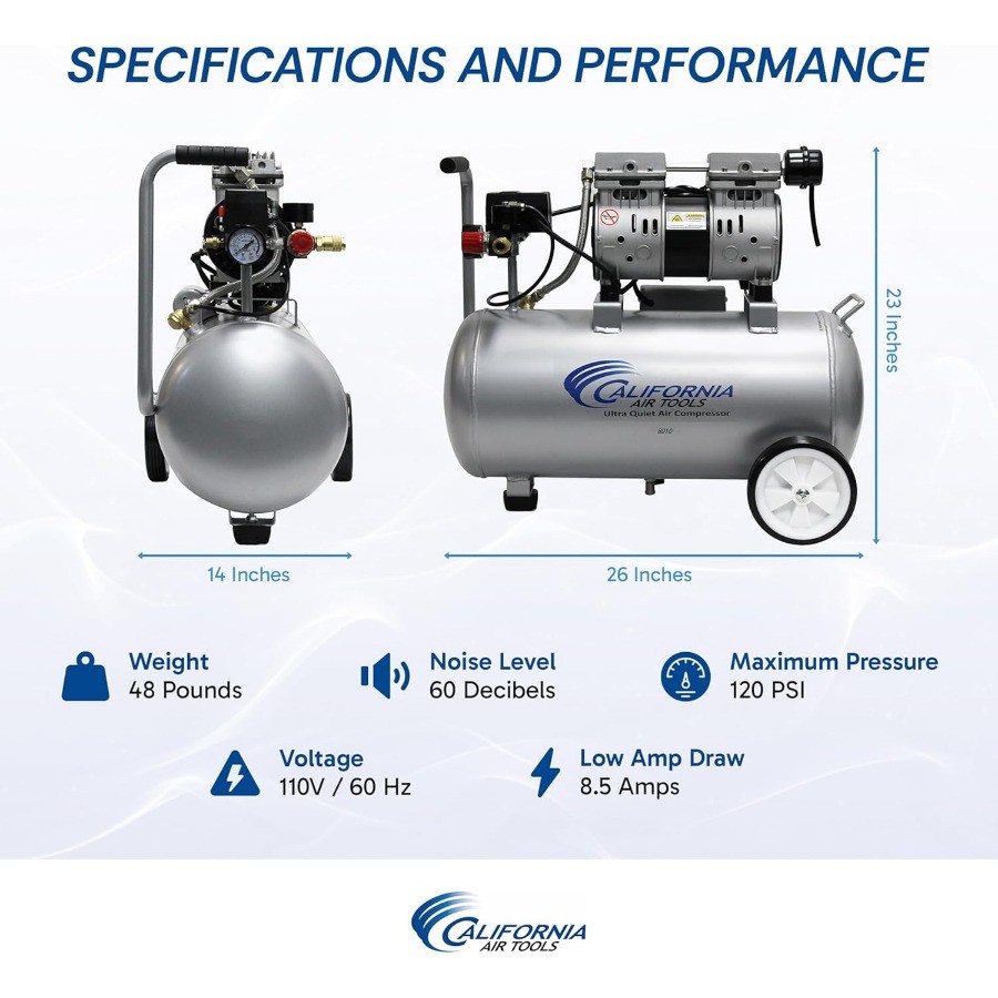 1.0 HP Ultra Quiet and Oil-Free Air Compressor, 8 Gallon Steel Tank ...