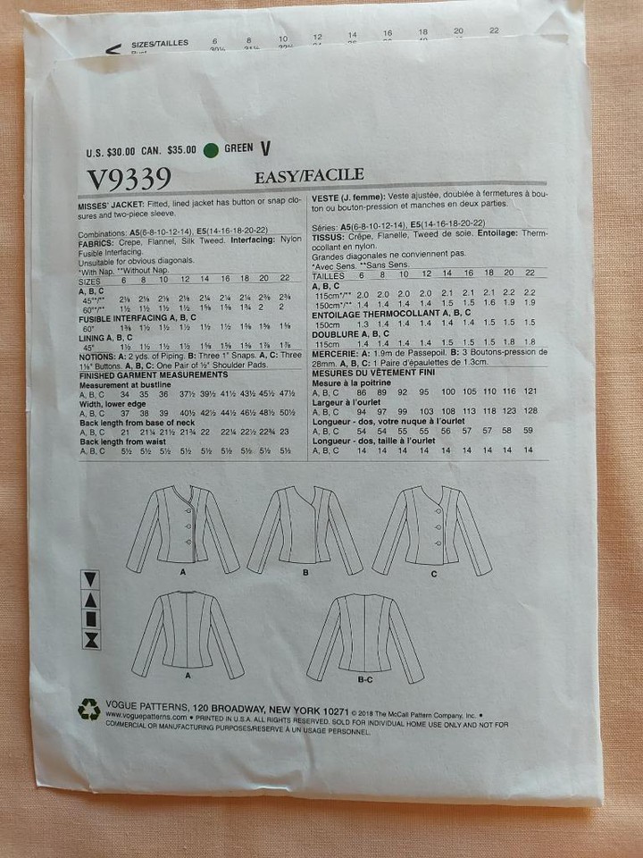 Vogue 9339 Easy Misses' Fitted Lined Jacket Pattern Size 6-8-10-12-14 ...