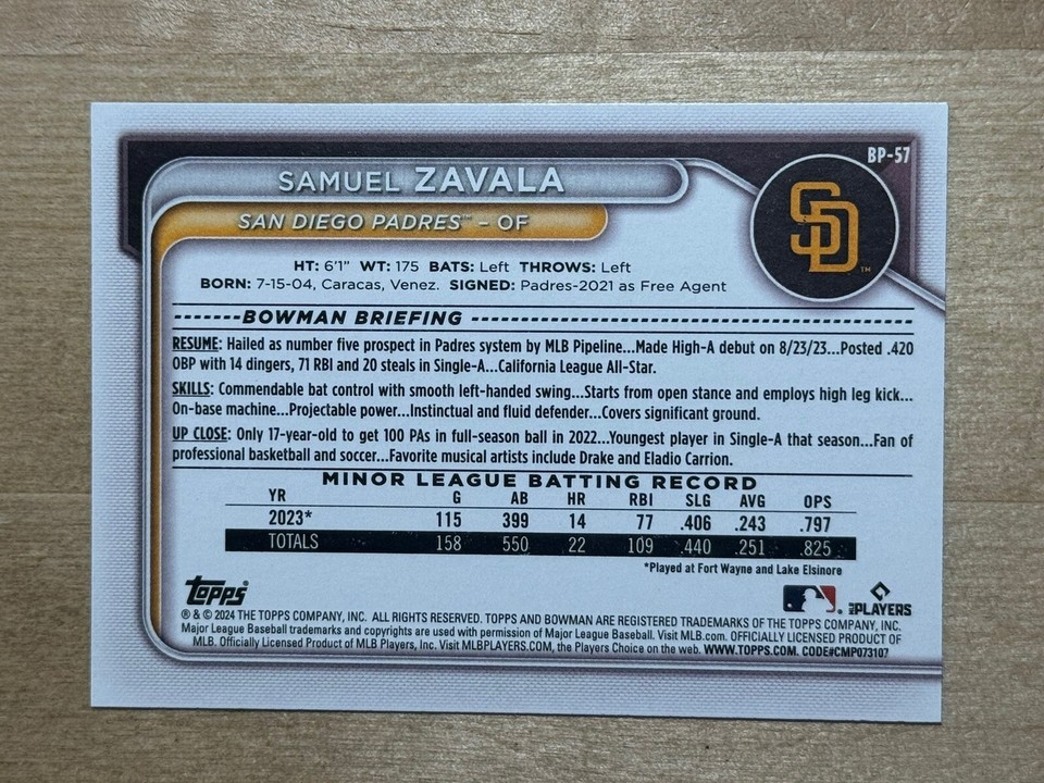 2024 San Diego Padres PROSPECT Samuel Zavala Topps Bowman PROSPECT BP ...