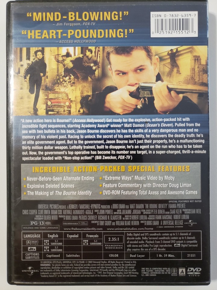 The Bourne Identity DVD 2003 Collector's Edition Widescreen 25192155123 ...