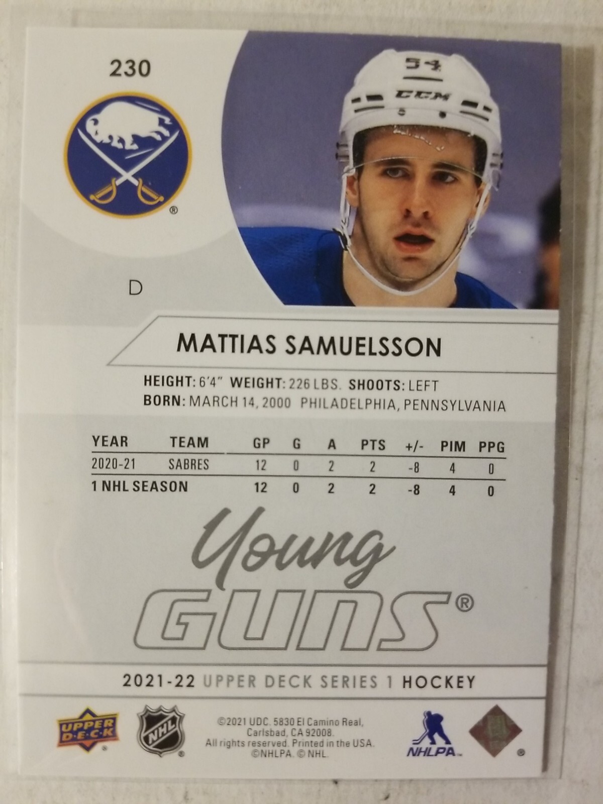 2021-22 Upper Deck Series 1 Mattias Samuelsson Young Guns Rc #230 | eBay