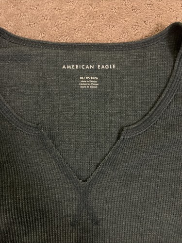 American Eagle Cyan Waffle Knit Notch Neck Top size XS Cropped Long ...