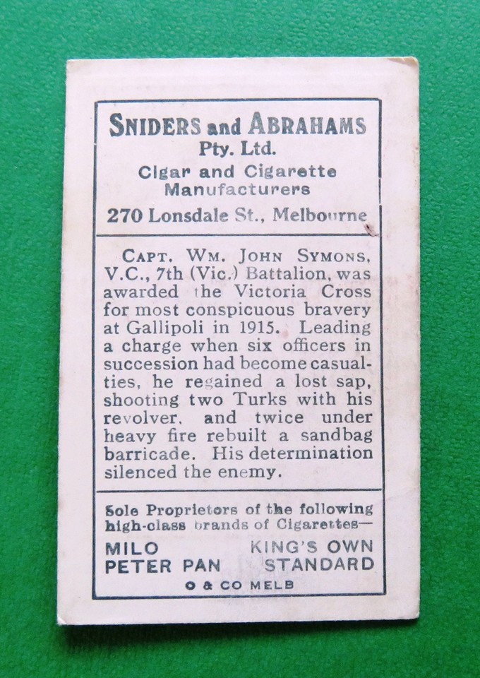 1917 Sniders & Abrahams AUSTRALIAN VCs & OFFICERS Card: Capt. WILLIAM J ...