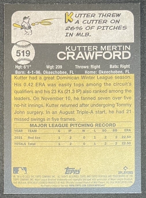 Kutter Crawford 2022 Topps Heritage RC #519 Boston Red Sox NM+ | eBay