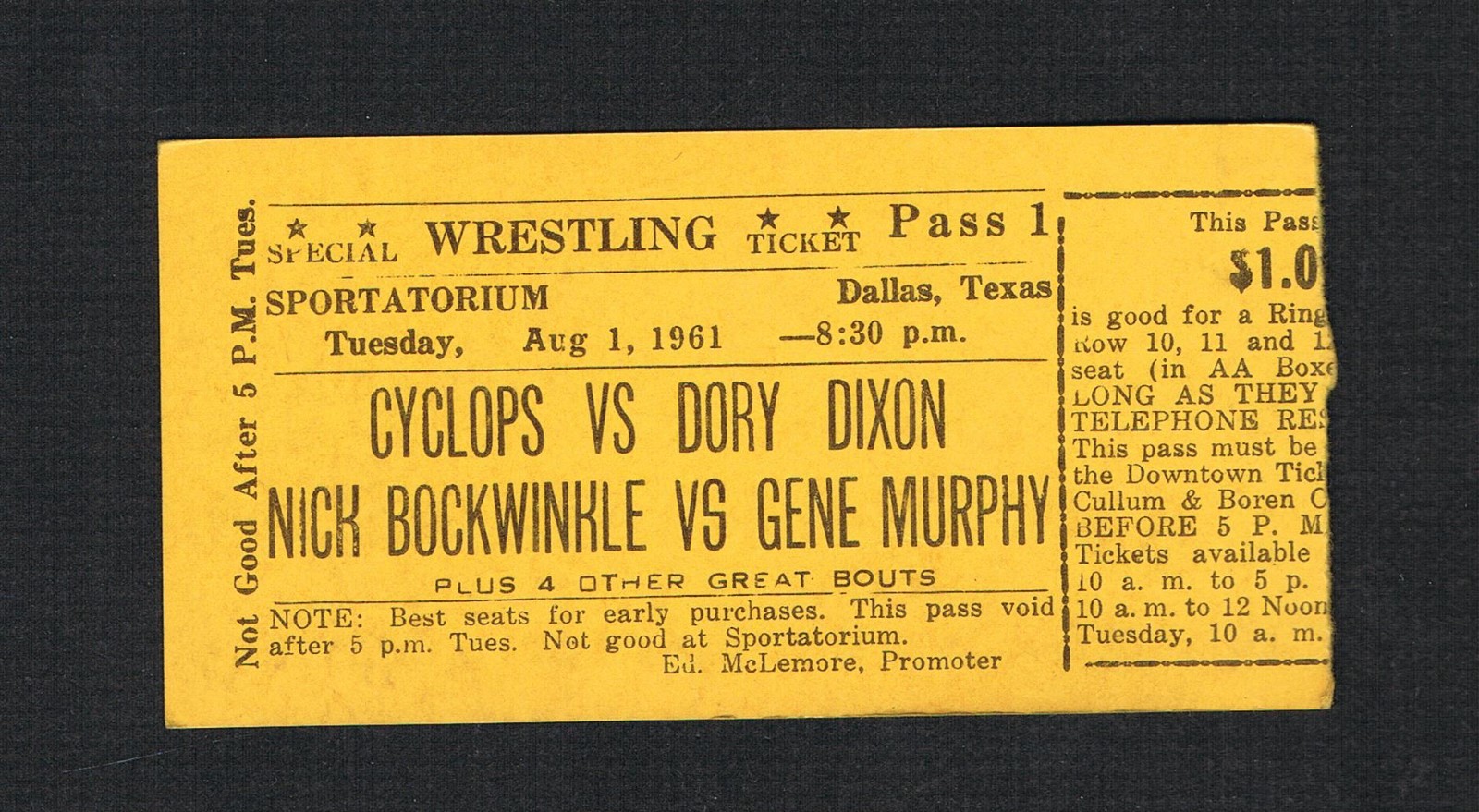 1961 wrestling ticket Dallas TX Cyclops Dory Dixon Nick Bockwinkle Gene ...