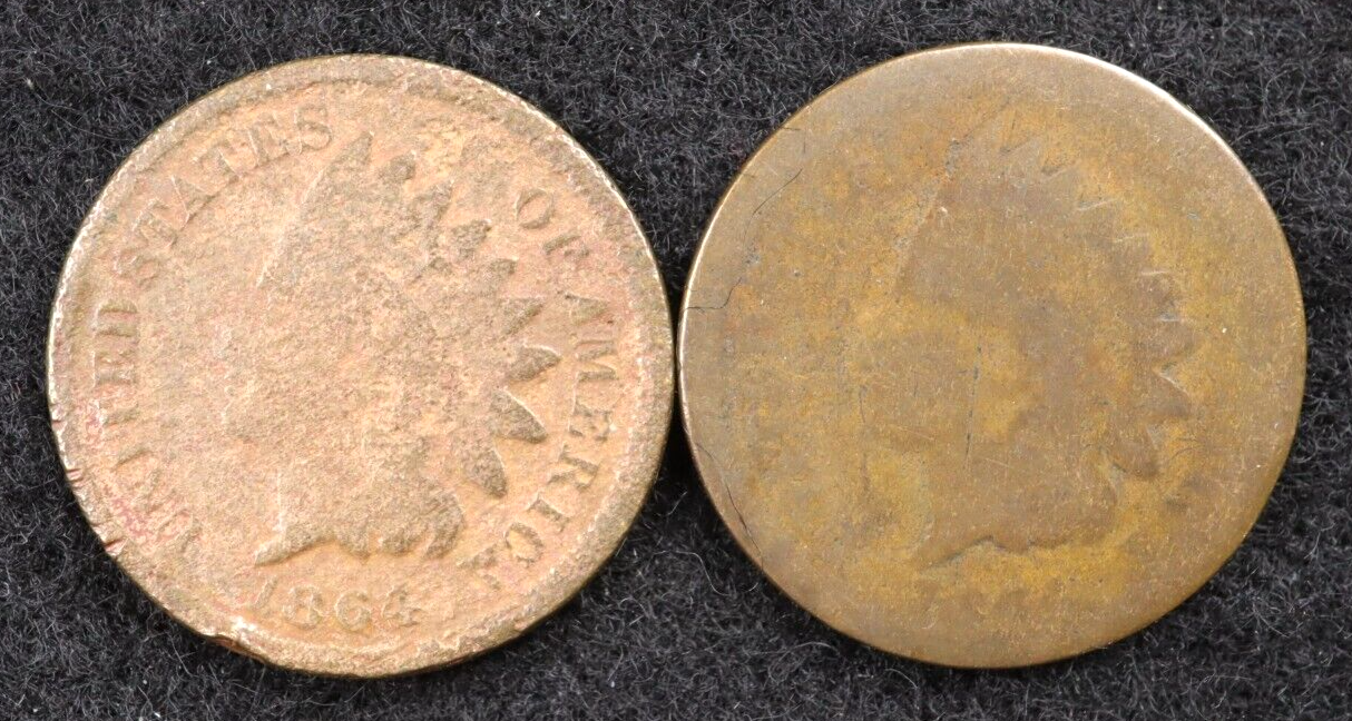Lot of 2 - 1864 Bronze Indian Head Cents - Civil War Era - Both Cull ...