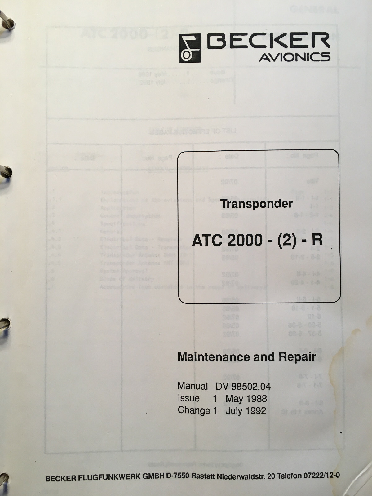 Becker Flugfunk ATC-2000-(2)-R Transponder Install, Maintenance ...