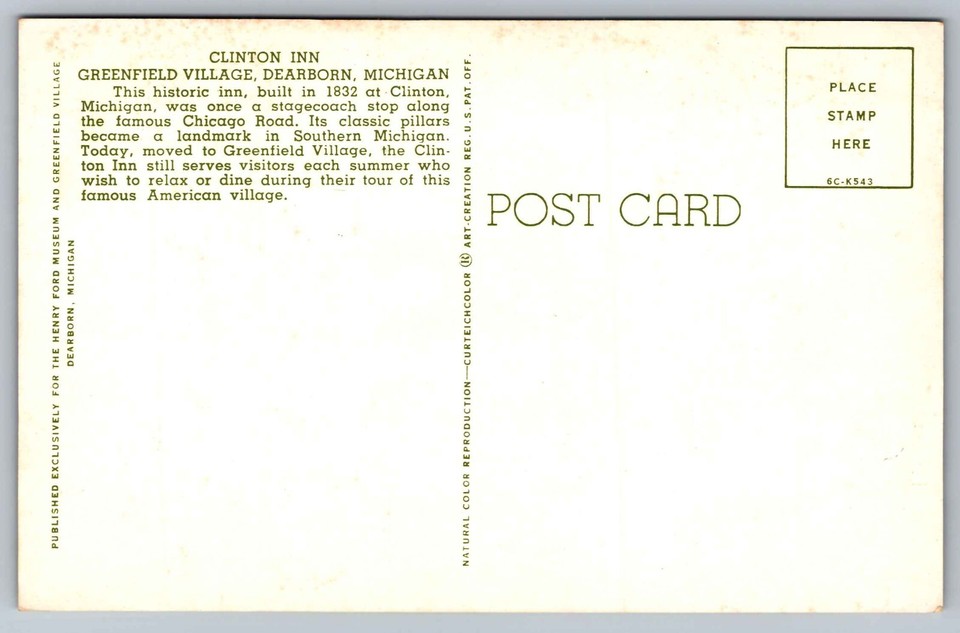 Postcard Clinton Inn Greenfield Village Dearborn Michigan,Horse Drawn ...