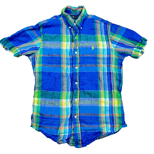 Ralph Lauren Linen Shirt Men Small Blue Yellow Button Up Tartan Madras ...