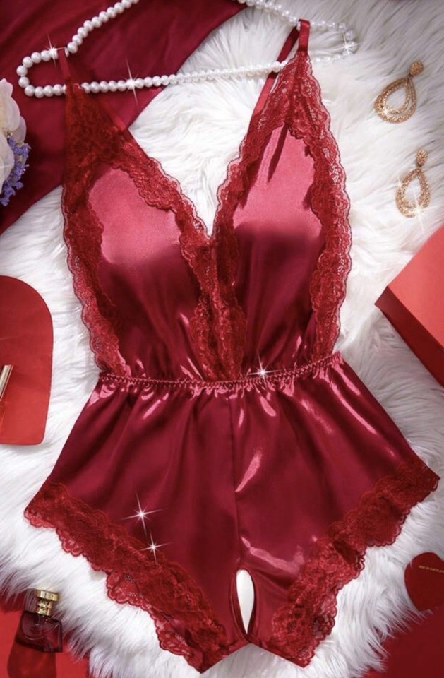 Sexy Red Satin & Lace Lingerie Romper TEDDY Bodysuit Open Crotch ...