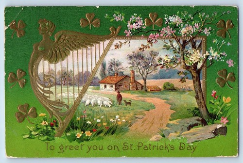 St. Patrick's Day Postcard Harp Shamrocks Sheep House Flowers Embossed ...