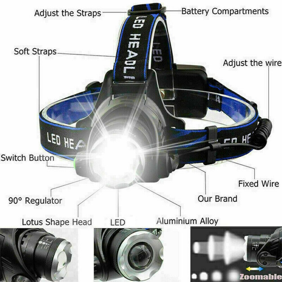 9900000LM Super Bright LED Headlamp Rechargeable Headlight Flashlight ...