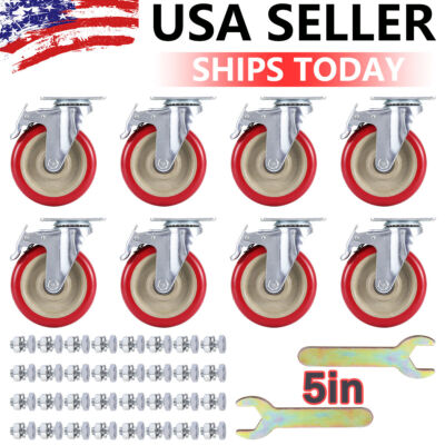 8 PACK Heavy Duty 5 Inch Caster Polyurethane Wheels w/ Brake Swivel Top ...