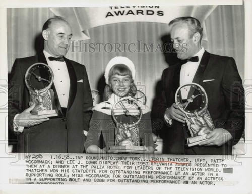 1958 Press Photo Actors Torin Thatcher, Patty McCormack, Lee J. Cobb ...