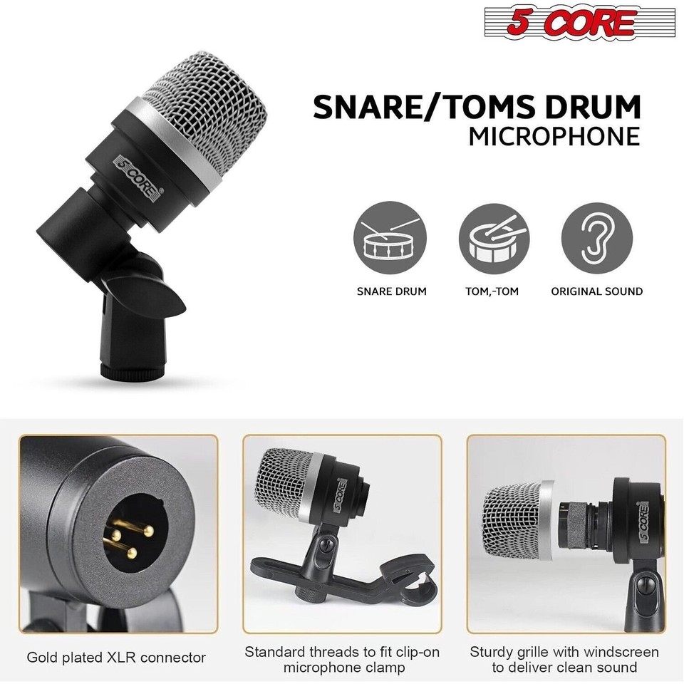 5 Core Drum Microphone Kit 7 Piece All Metal Drummer Mics Instrument ...