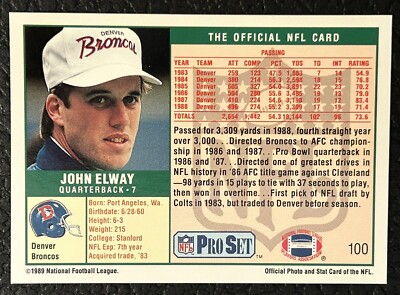 1989 Pro Set JOHN ELWAY-BUBBA PARIS GOLD S. BOWL PROOF/ERROR FOOTBALL ...