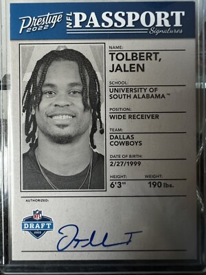 2022 Prestige Jalen Tolbert Passport Auto Rookie Card NPS-JT Dallas ...
