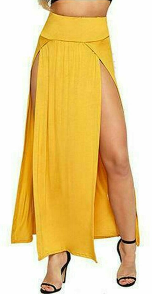Women's Double Split Maxi Skirt Ladies Plain Basic Stretch Side Slit ...