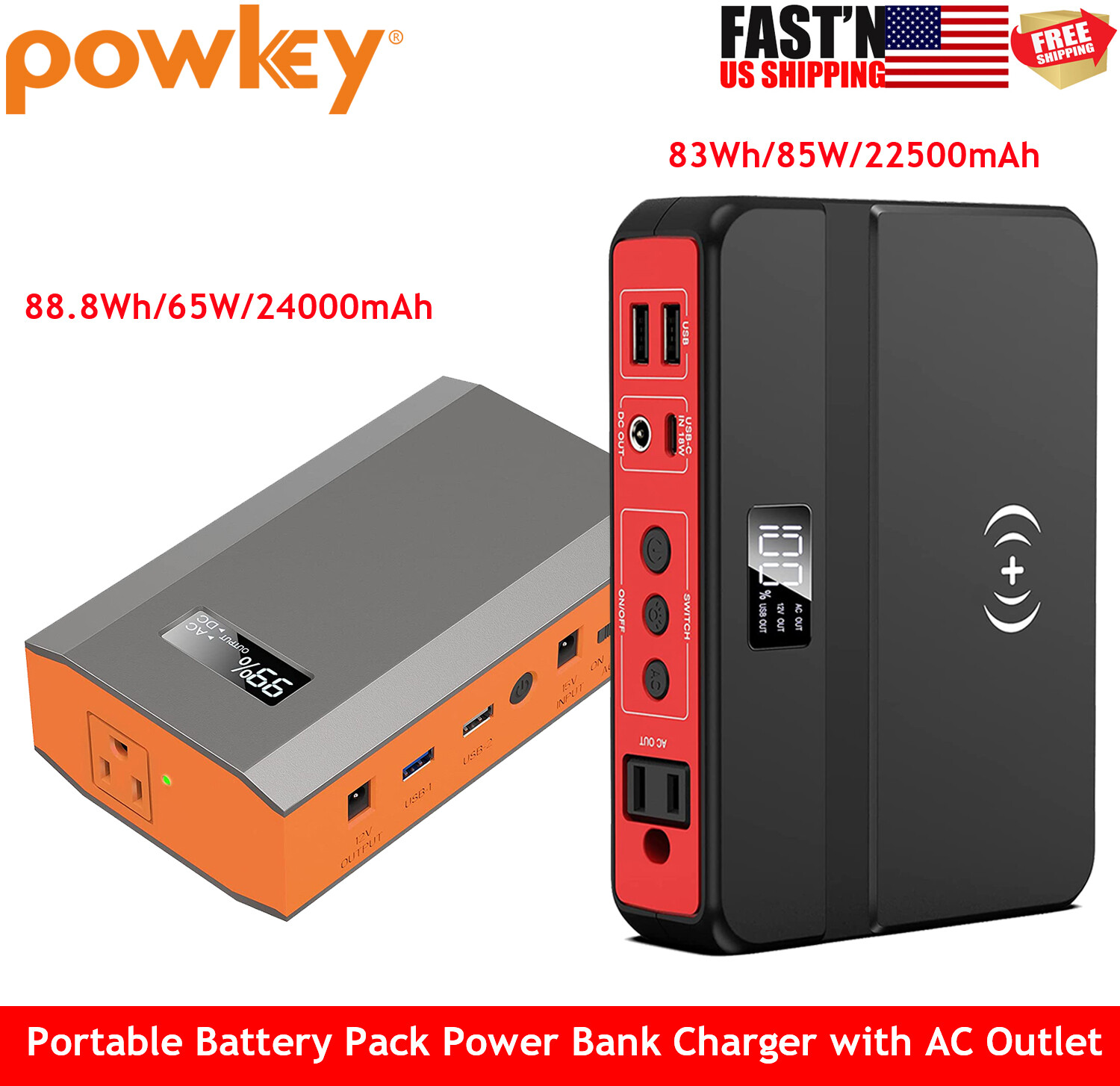 Powkey Portable Power Bank 65W-85W Phone Charger Battery Backup AC DC ...