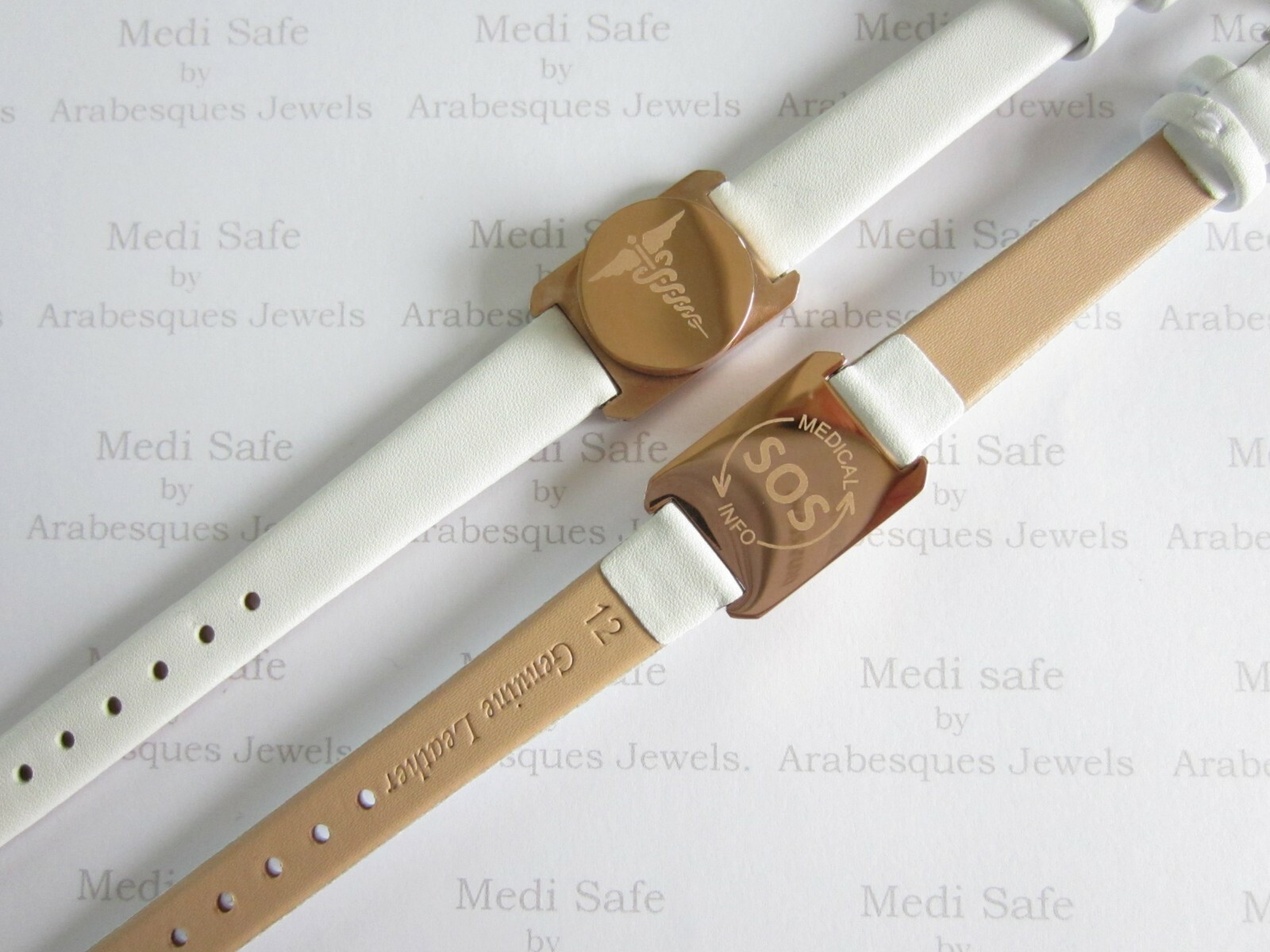 MEDI-SAFE SOS BRACELET WHITE LEATHER STRAP MEDICAL INFO/STAINLESS STEEL ...