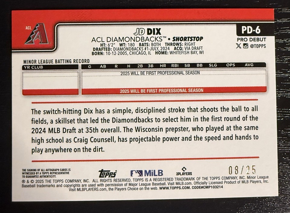 2025 Topps Chrome Pro Debut JD Dix Orange Foil Auto /25 #PD-6 Arizona ...