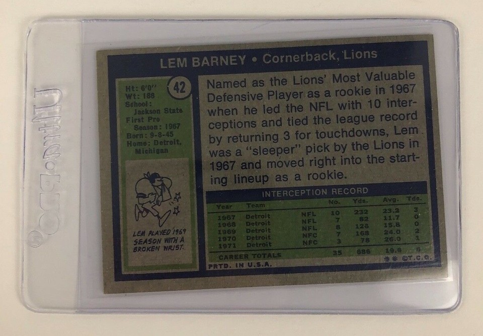 1972 Topps #42 Lem Barney Detroit Lions Football Card | eBay