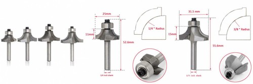 Eyech 1/4" Shank 4PC Round Over Router Bit Carbide-Tipped-1/2" 7/16" 3/ ...