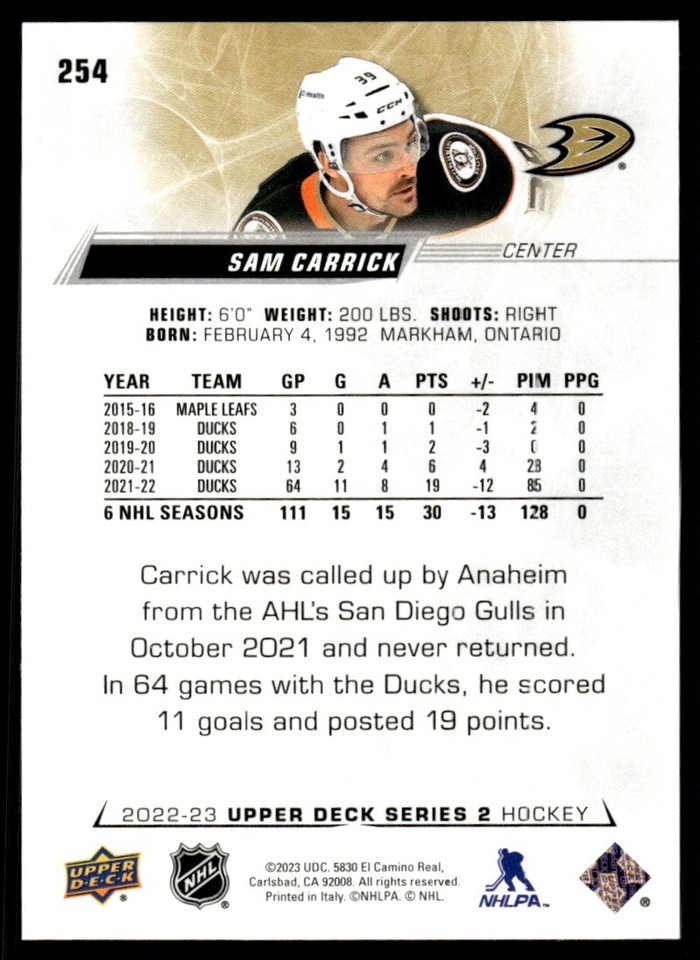 2022-23 Upper Deck #254 Sam Carrick Anaheim Ducks | eBay