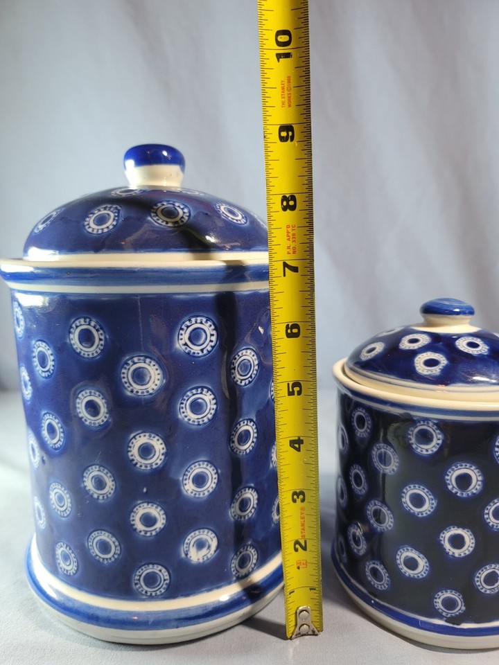 Blue Dots Polish Pottery Style Jars Cylindrical Containers Ginger Jugs ...