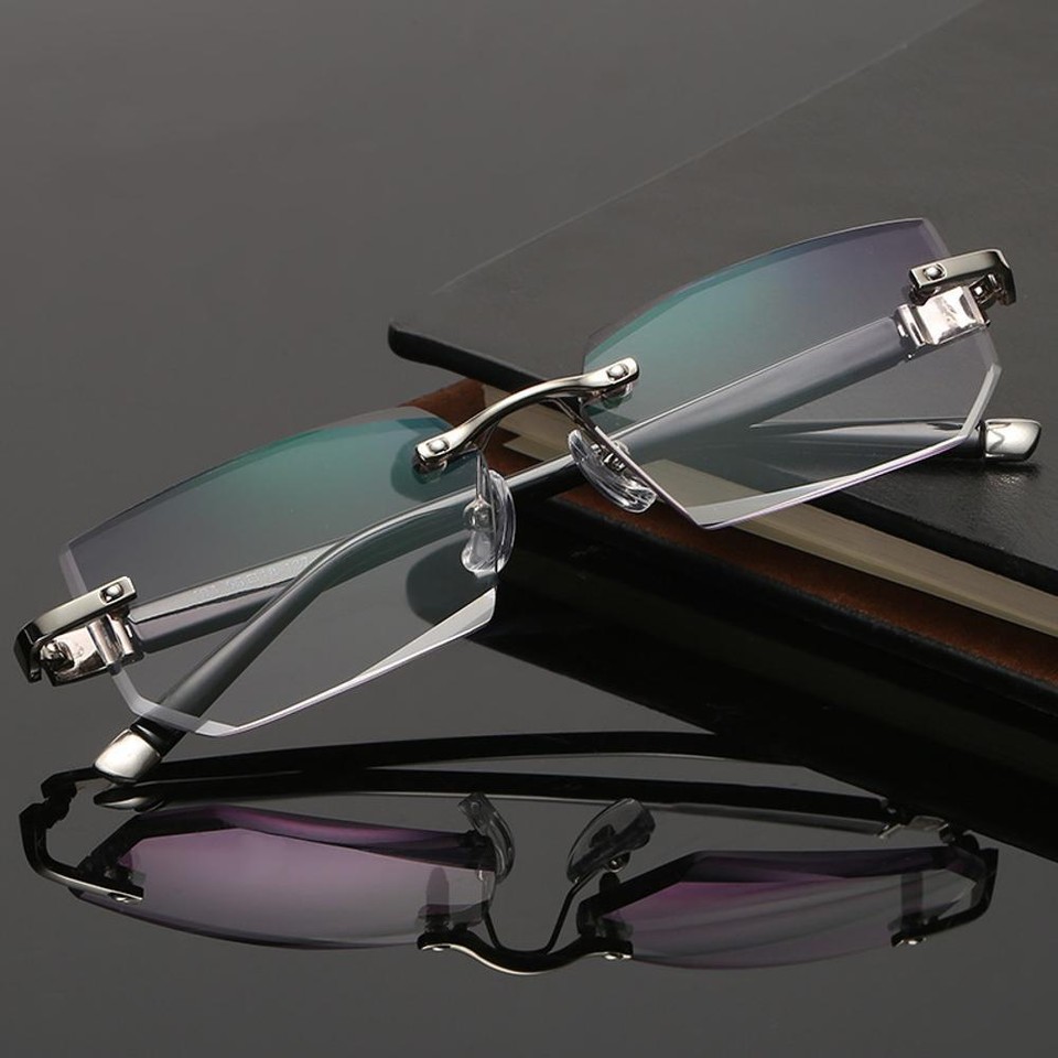 Tinted Rimless Rectangle Reading Glasses Blue Light Blocking Sunglasses ...