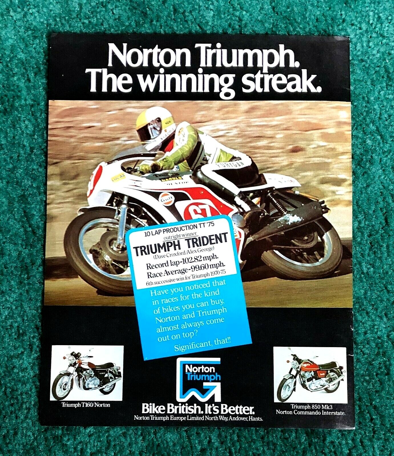 1975 TRIUMPH NVT MOTORCYCLE MAGAZINE AD T160 TRIDENT SLIPPERY SAM RACER ...