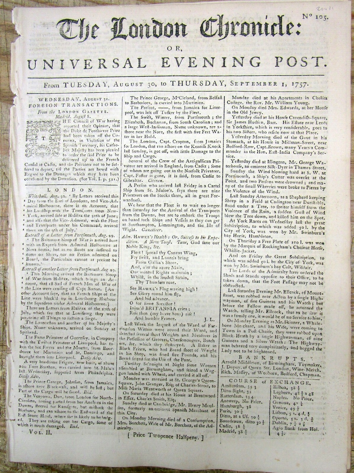 1757 FRENCH & INDIAN WAR newspaper wth British report CAUSE of the WAR ...