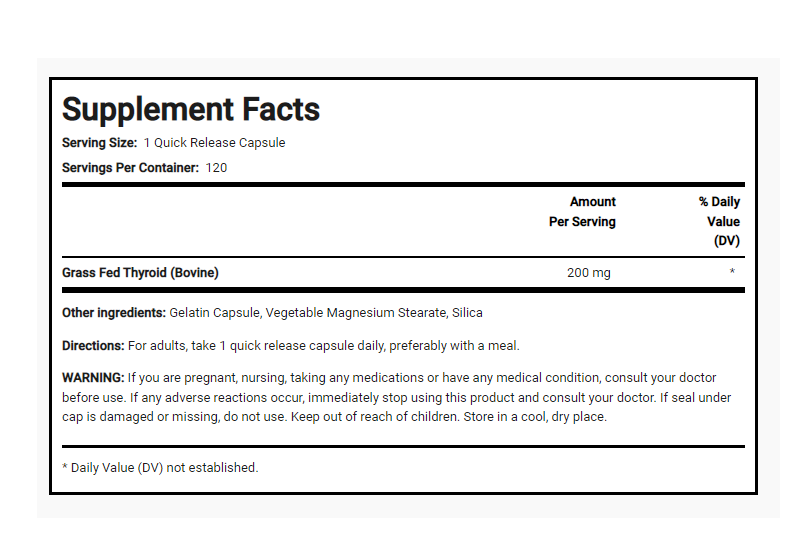 Argentine/New Zeland Beef Thyroid 200mg Grass Fed/No Hormones/Non GMO ...