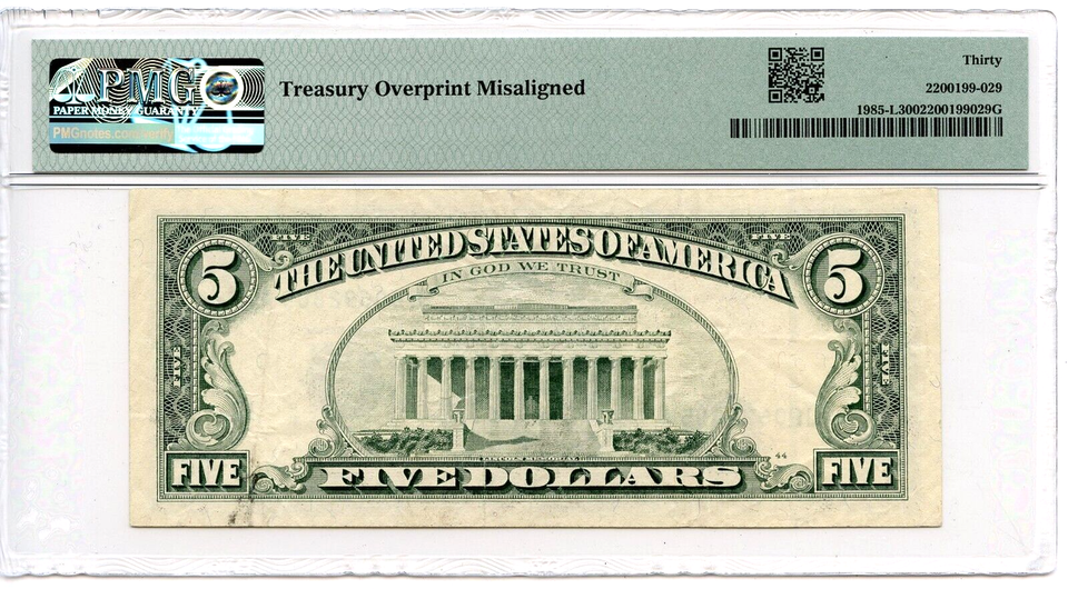 1995 $5 Federal Reserve MISALIGNMENT ERROR Note VF-30 PMG LOOK!! RARE ...