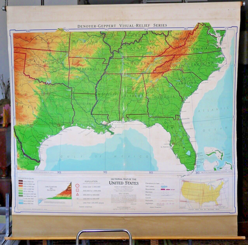 MAP SOUTH EASTERN UNITED STATES - HUGE VINTAGE PULL DOWN SCHOOL MAP ...