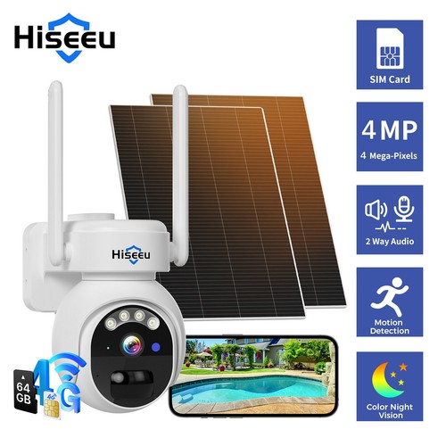 Hiseeu 4G LTE Cellular Security Camera Outdoor SD Card Wireless Solar ...