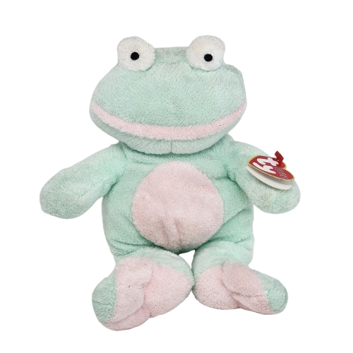 2002 TY GRINS GREEN + PINK FROG PLUFFIES STUFFED ANIMAL PLUSH TOY NEW W ...