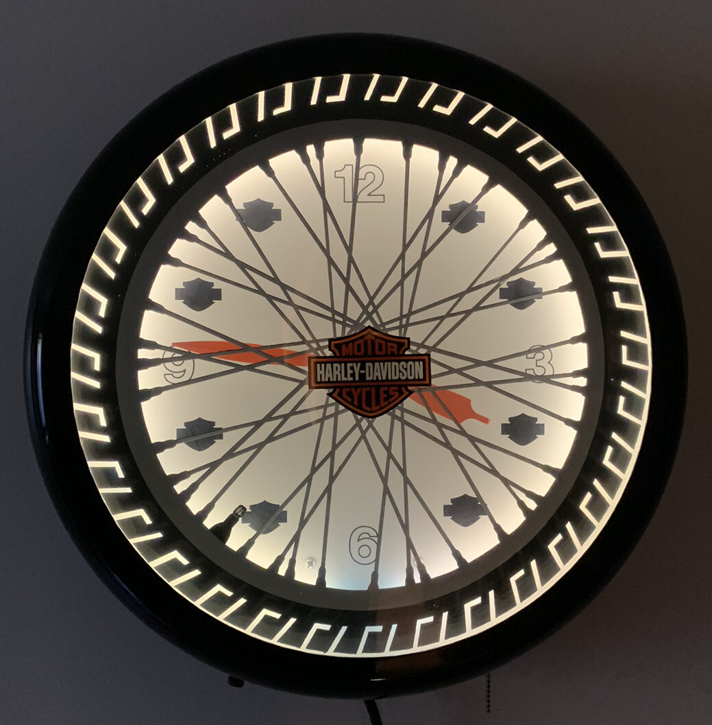 Harley Davidson Vintage Neon Electric Wall Clock Glass Spinning Wheel ...