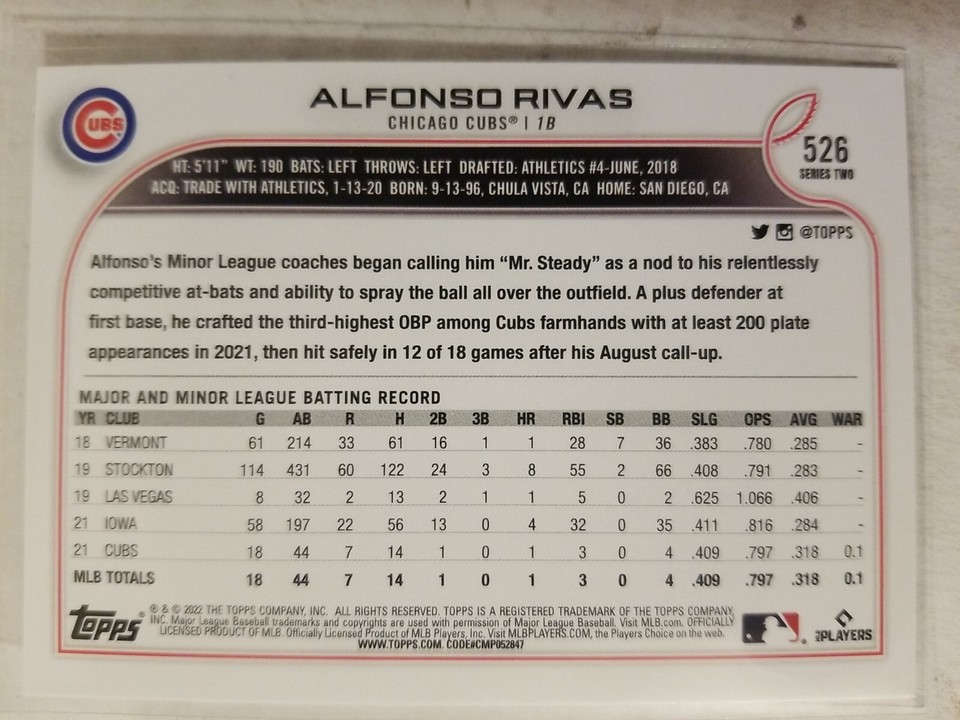 2022 Topps Cubs Baseball Card #526 Alfonso Rivas Rookie Card | eBay