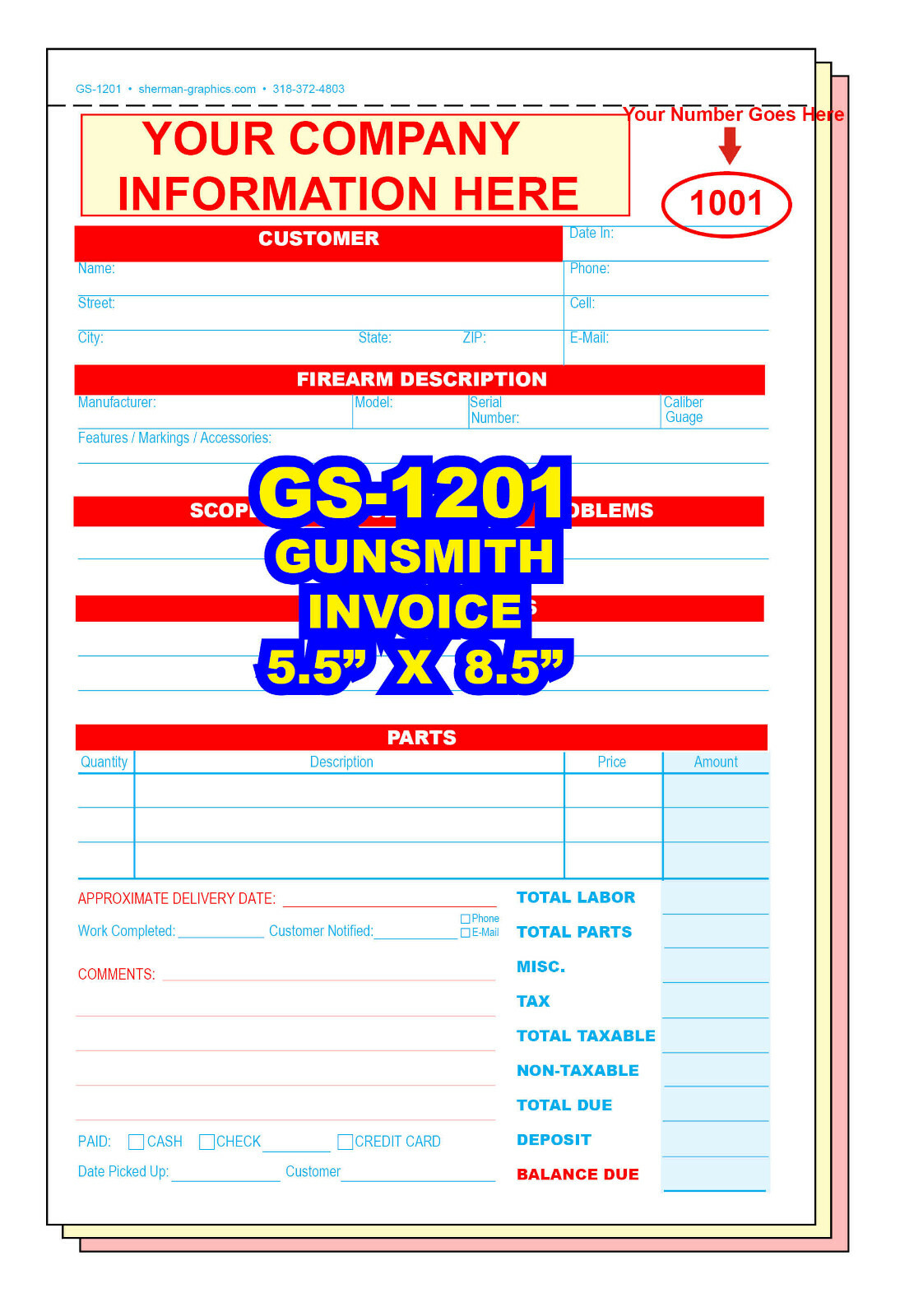 GUNSMITH INVOICE CUSTOM PRINTED IN FULL COLOR 2 or 3 Part Carbonless ...