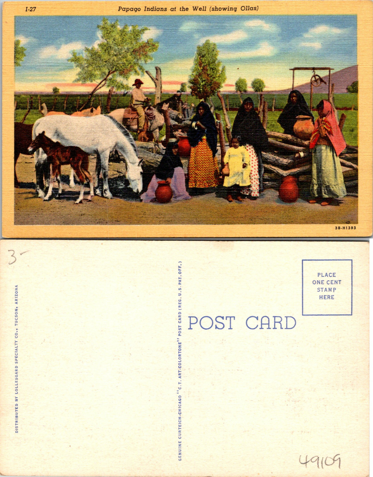 Papago Indians at the Well Showing Ollas Horses AZ Postcard Unused ...